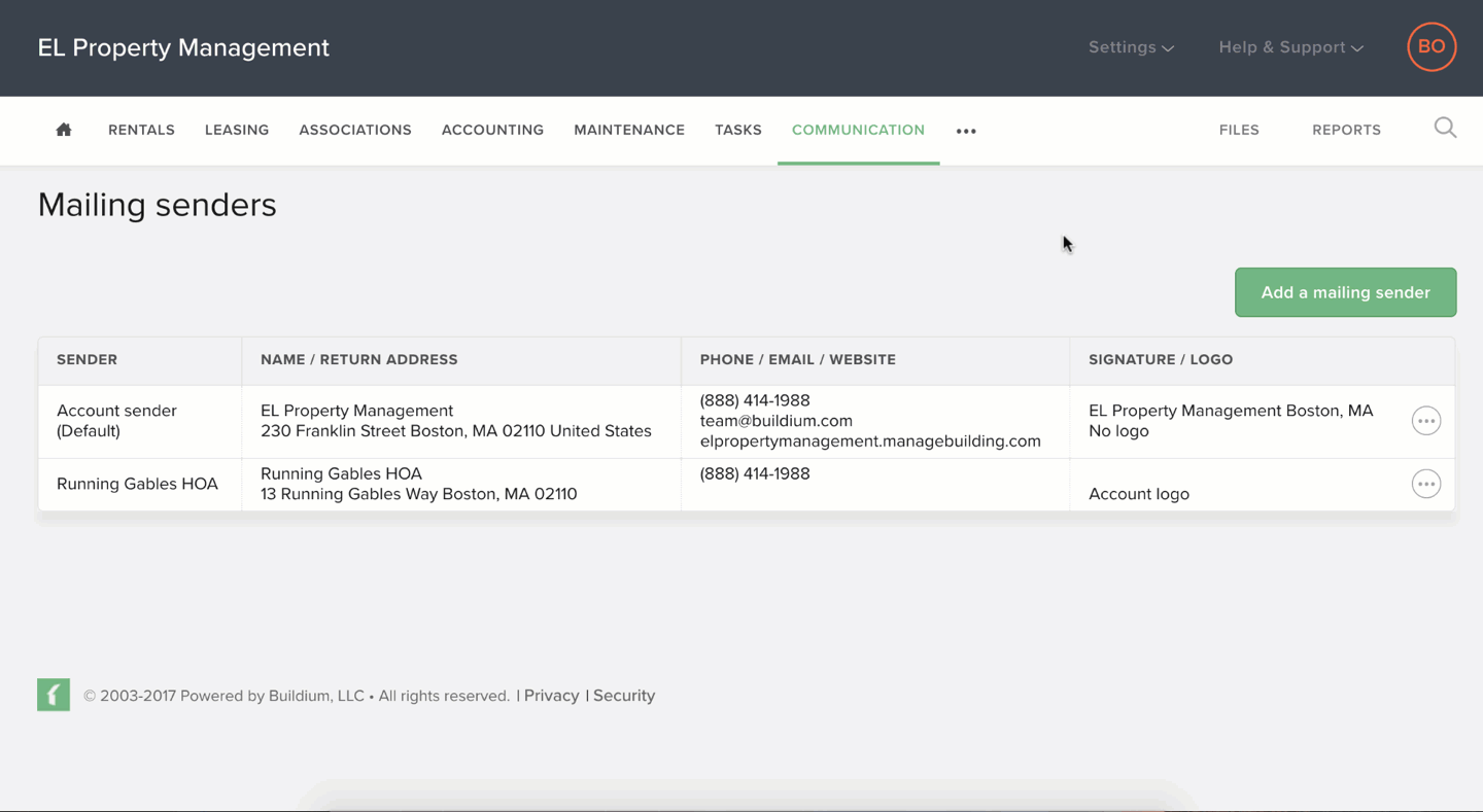 How do I create mailing sender information?