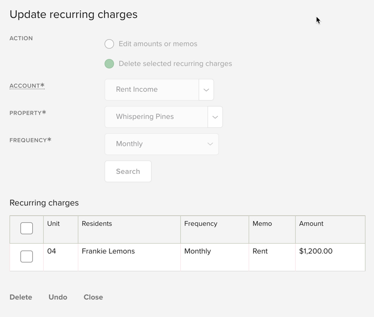 How do I delete tenant charges?