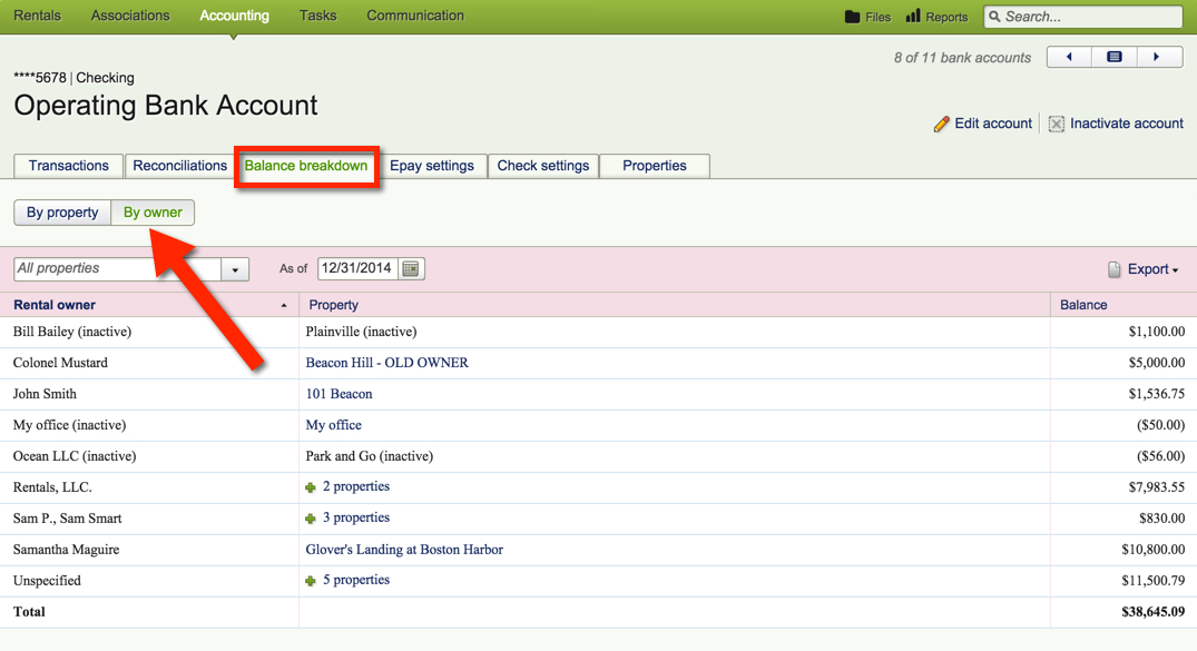 Bank account balance breakdown reporting