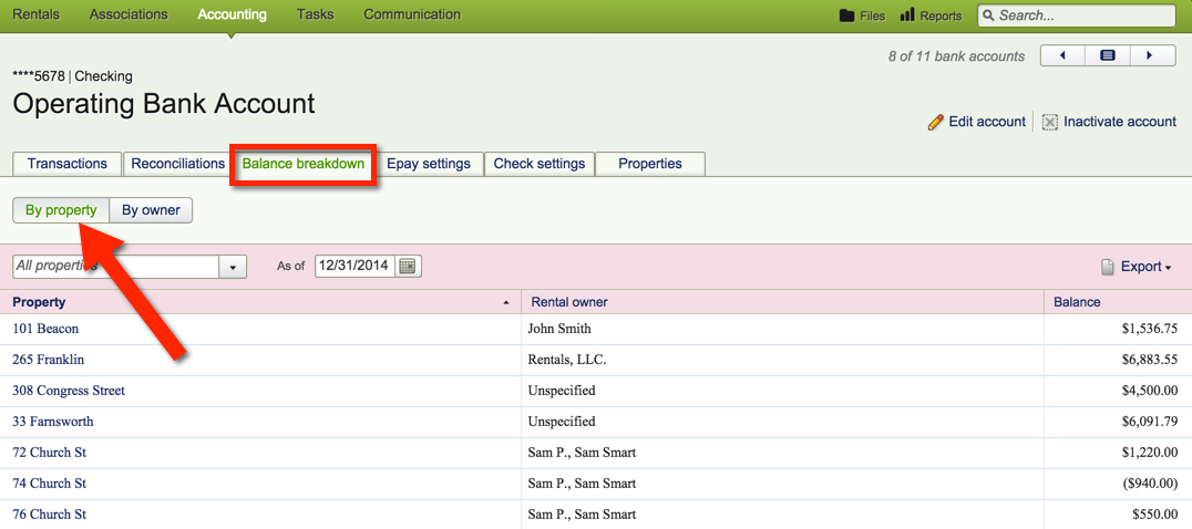 Bank account balance breakdown reporting