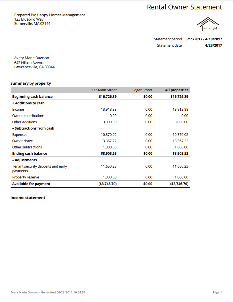 Rental Owner Statement