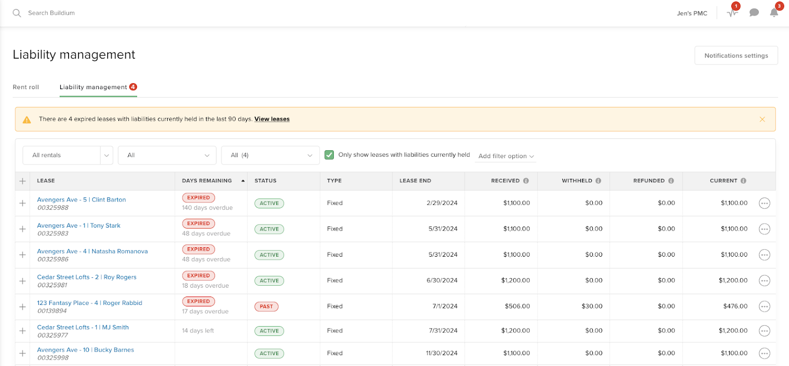 Security Deposit Tracking - Liability Management Page