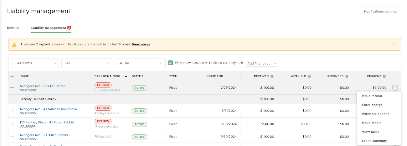 Security Deposit Tracking - Liability Management Page