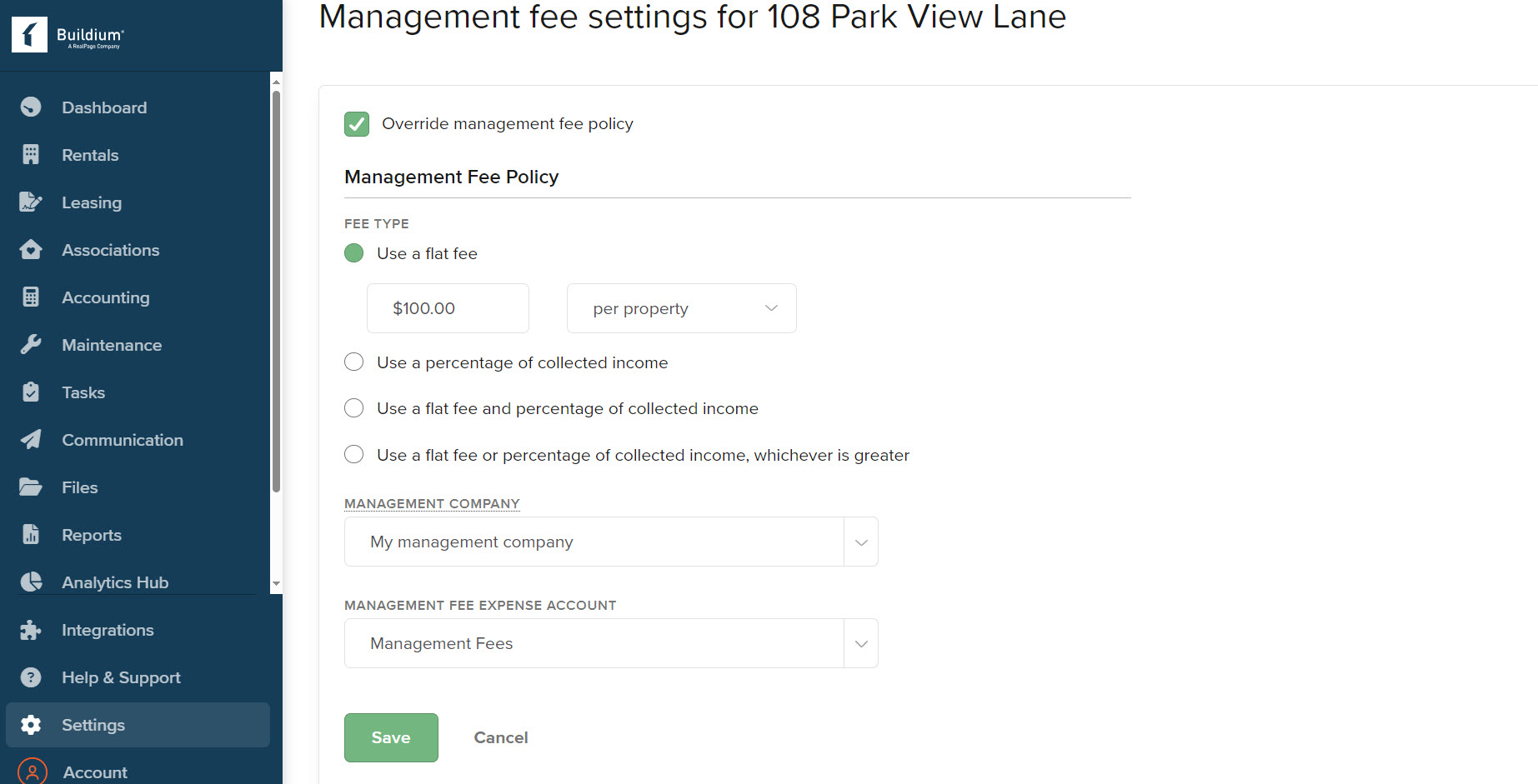 Can I set a management fee policy by property?