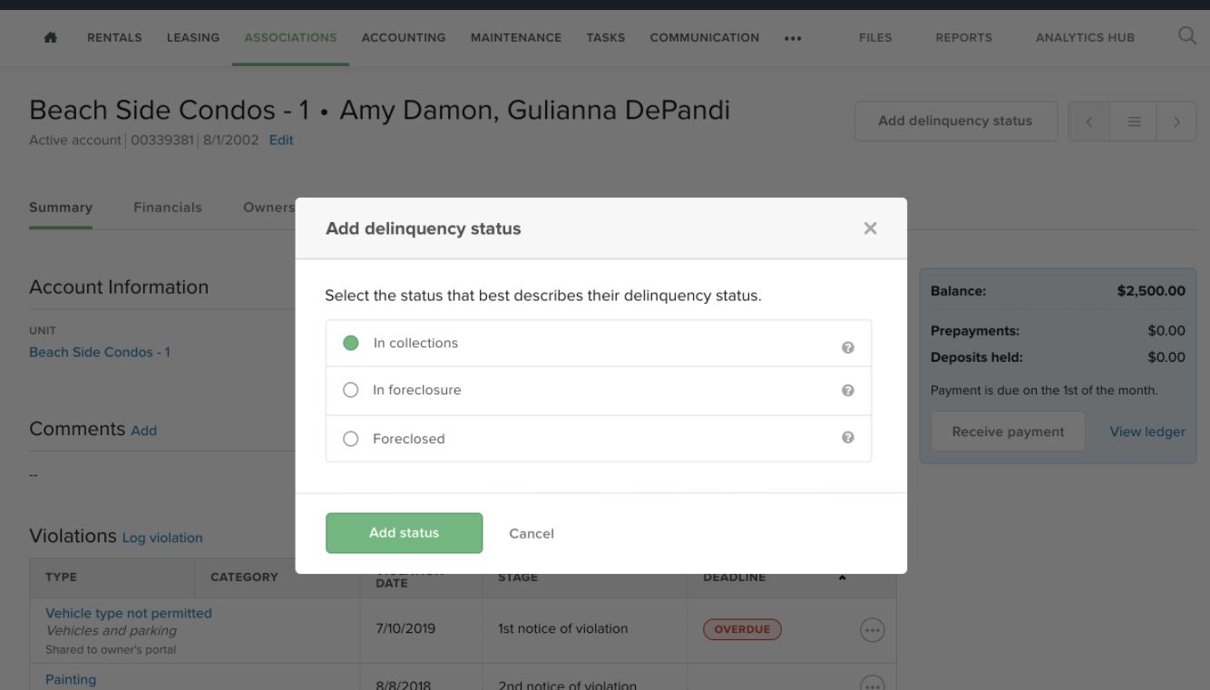 Mark delinquency status on association ownership accounts