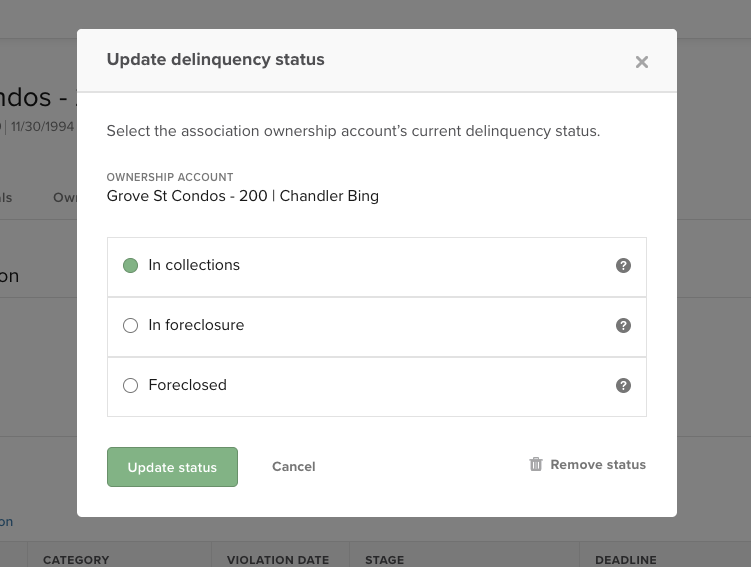 Mark delinquency status on association ownership accounts