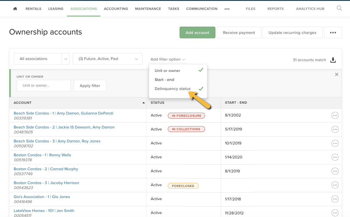 Mark delinquency status on association ownership accounts