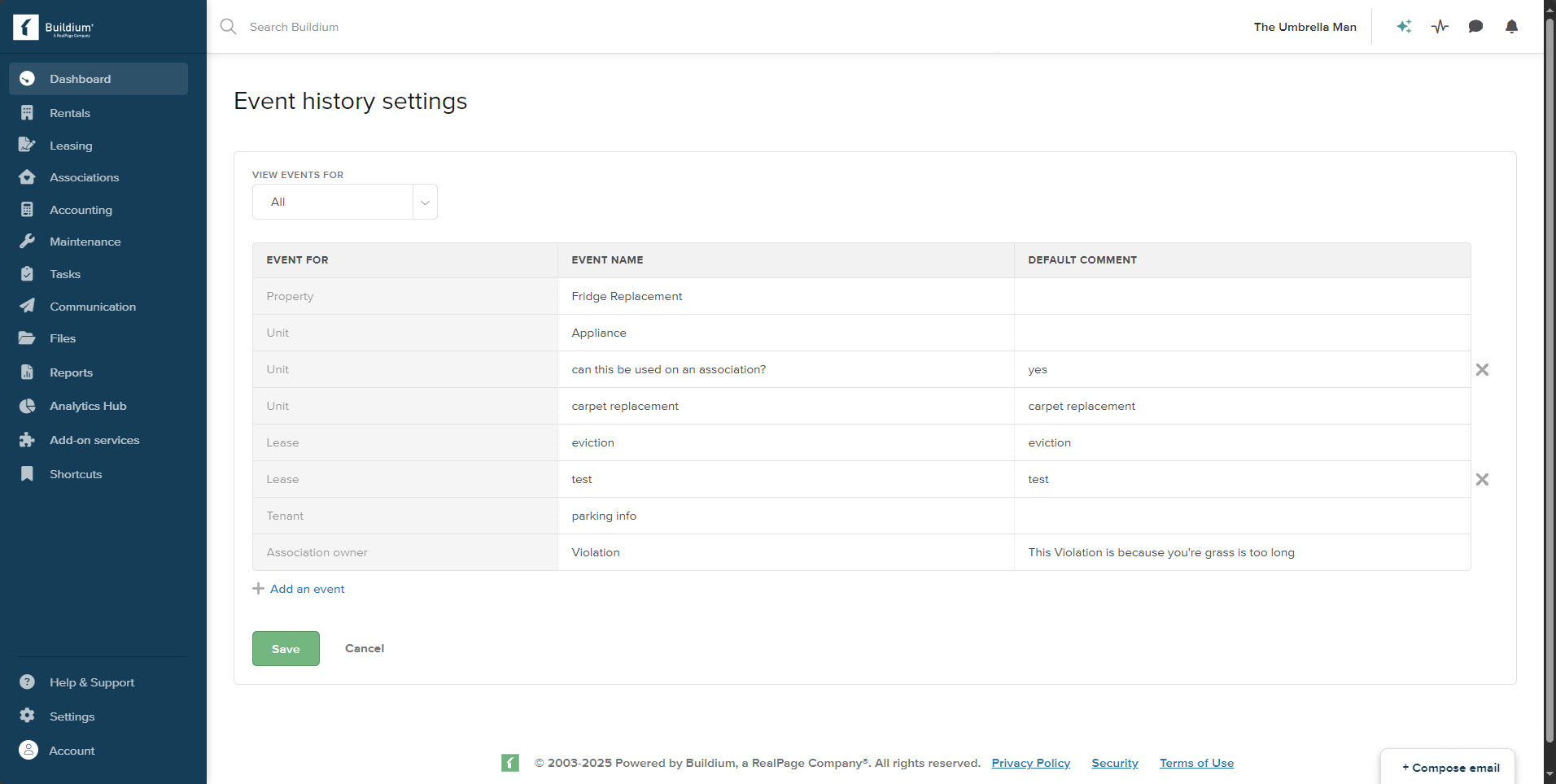 Tracking event history in Buildium