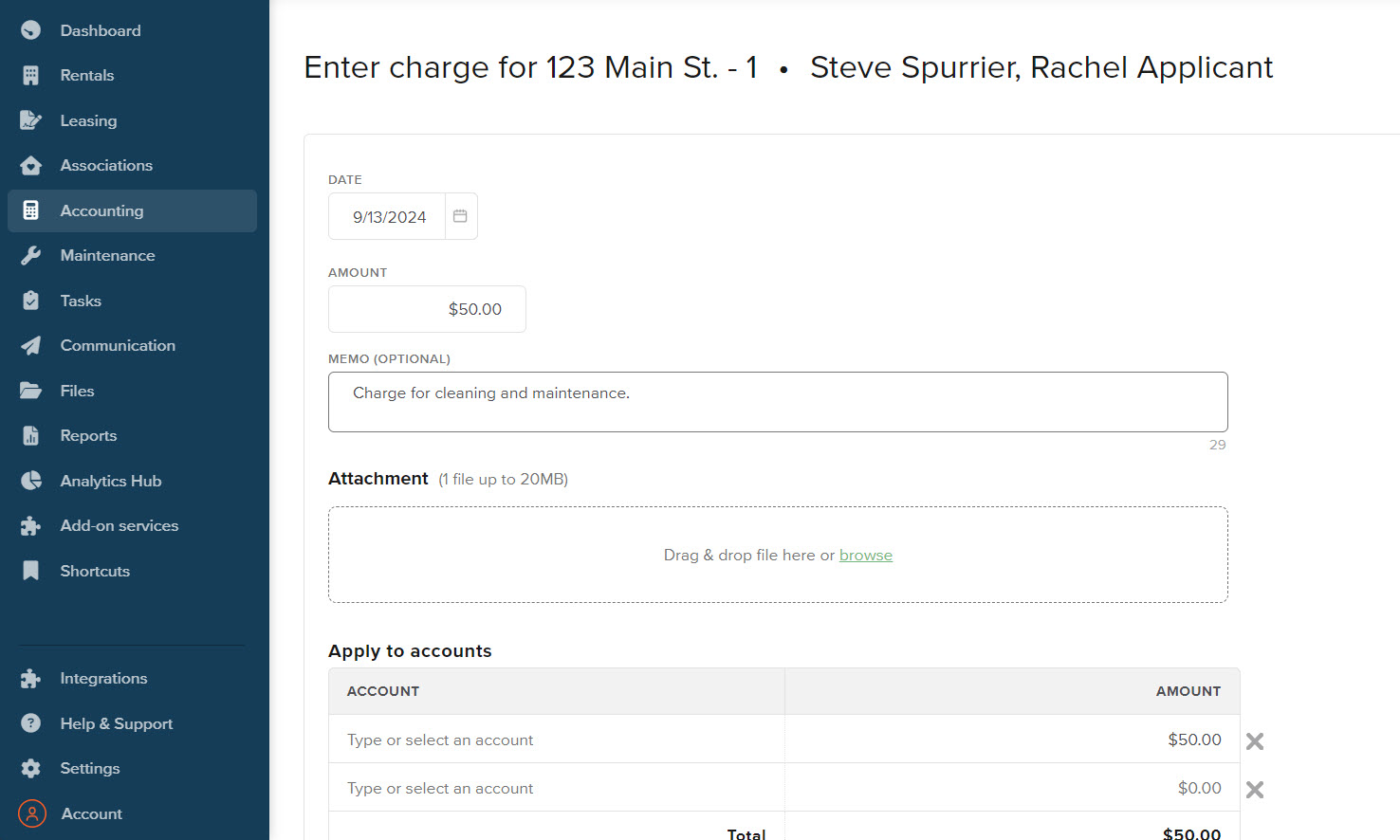 How do I add charges to a tenant's lease ledger?
