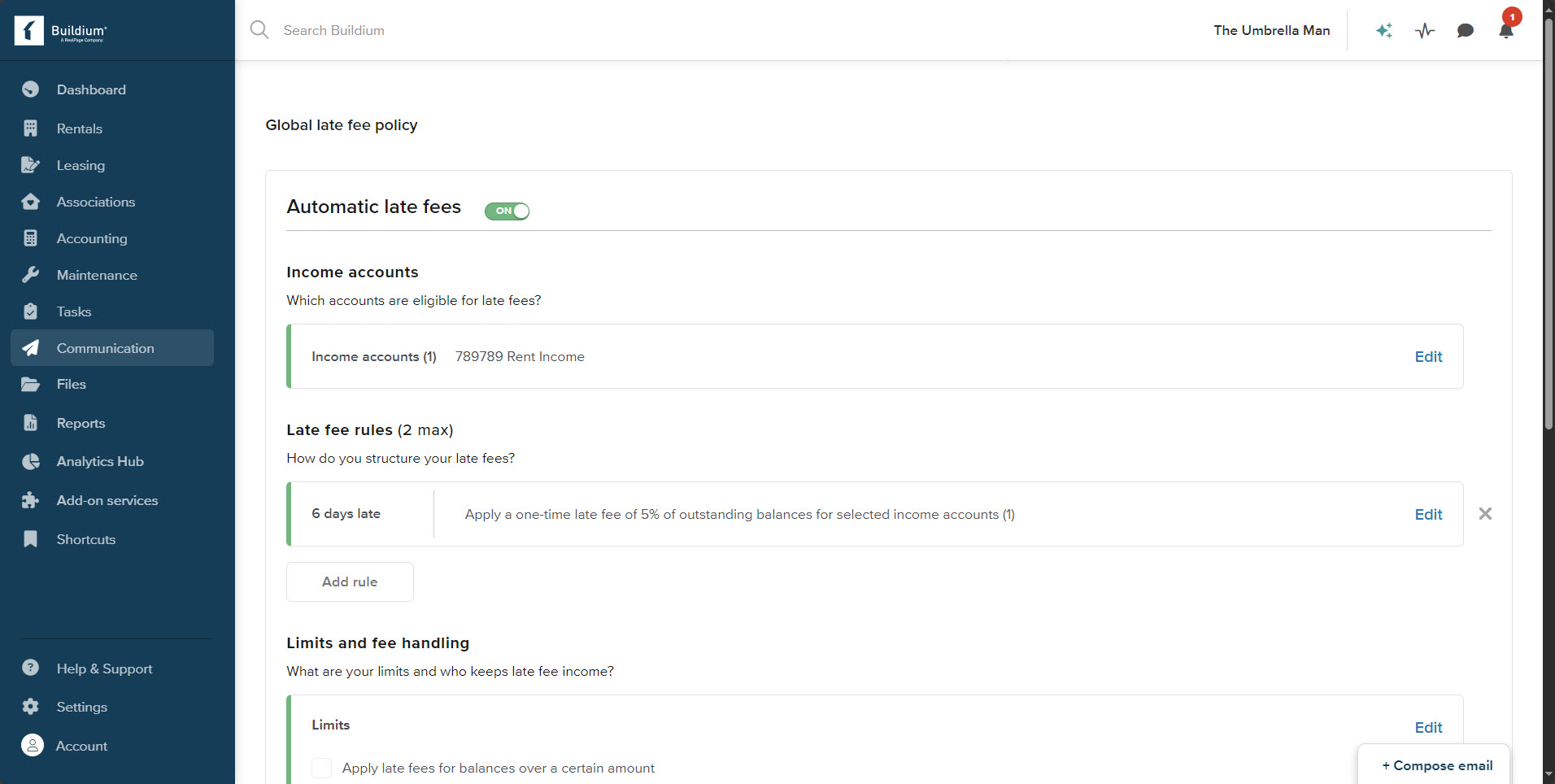 How do I set up a late fee policy?