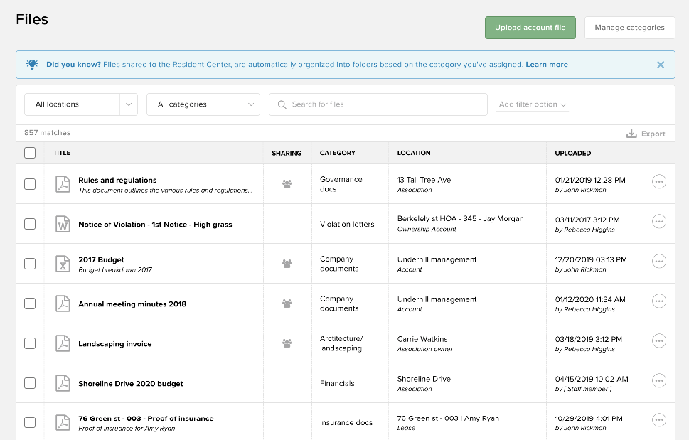 Folder view for Resident Center files & documents