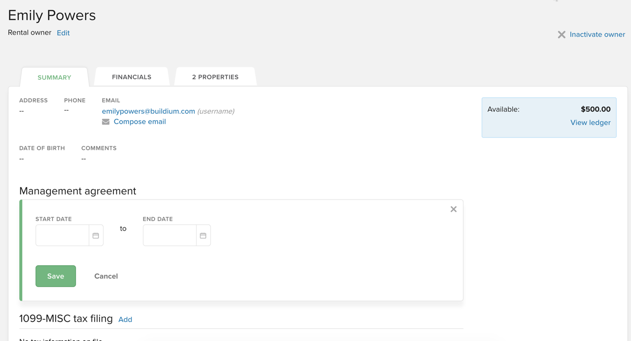 How do I track rental owner management agreements?